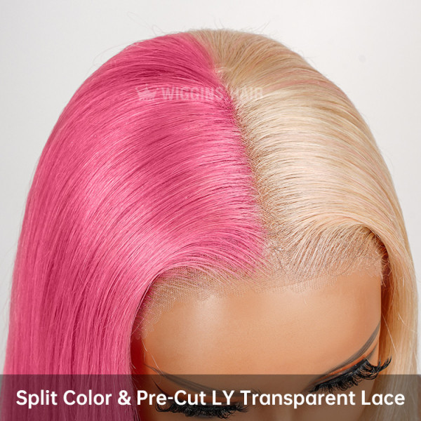 Split Dyed 13x6 Lace Front Wig Straight Half Blonde Half Pink Human ...