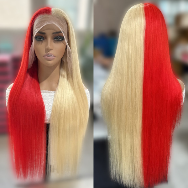 Split Dyed 13x6 Lace Front Wig Straight Half Blonde Half Pink Human ...