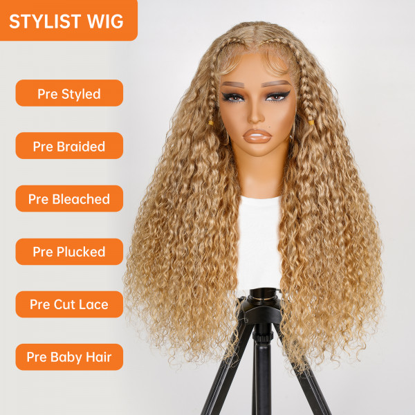 #27 Honey Blonde Water Wave Hair Glueless Braided Lace Front Wig ...