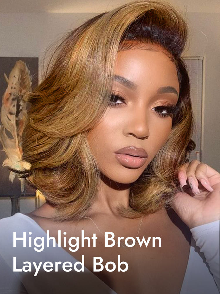 Side Part Straight hair Highlights Blonde Layered Bob Parting Max 13*6 ...