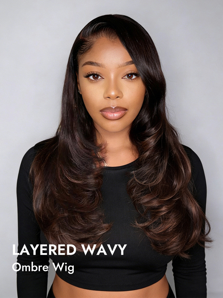 Ombre Feathered Layered Wavy Human Hair 13x6 Glueless Lace Wigs With ...