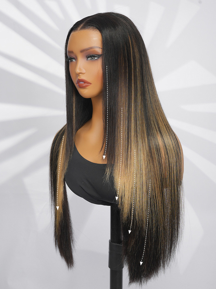 Straight Layered Cut Glueless Wigs 6x8 Lace Closure Wigs With Highlight ...