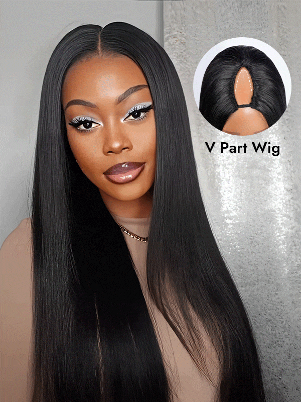 New Upgraded V Shaped Straight Human Hair Wig With Elastic Drawstring ...