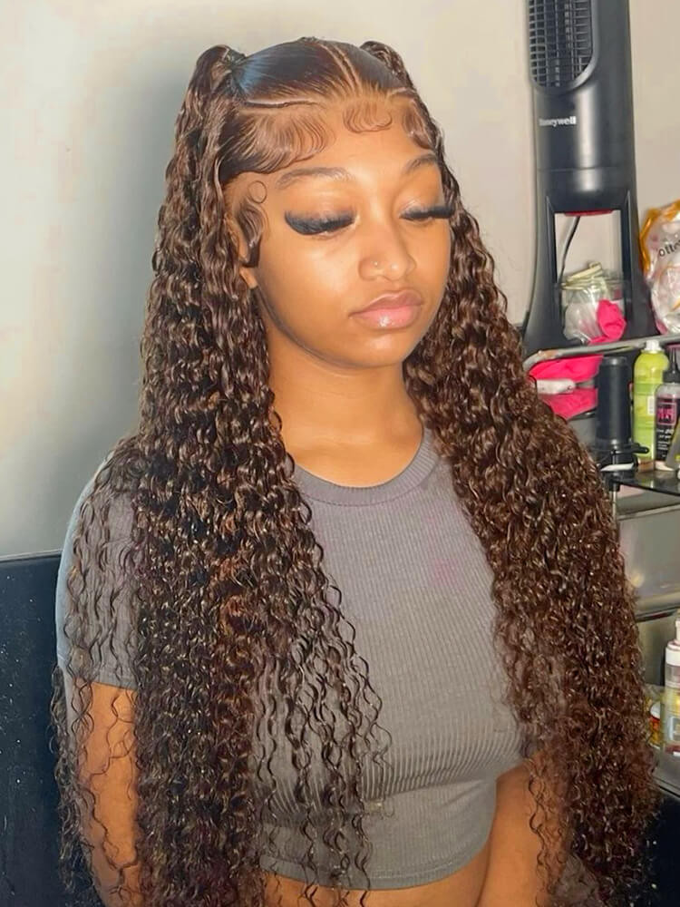 Dark Brown Double Buns Hair #4 Curly 13x6 Wig With Braided Half Buns ...