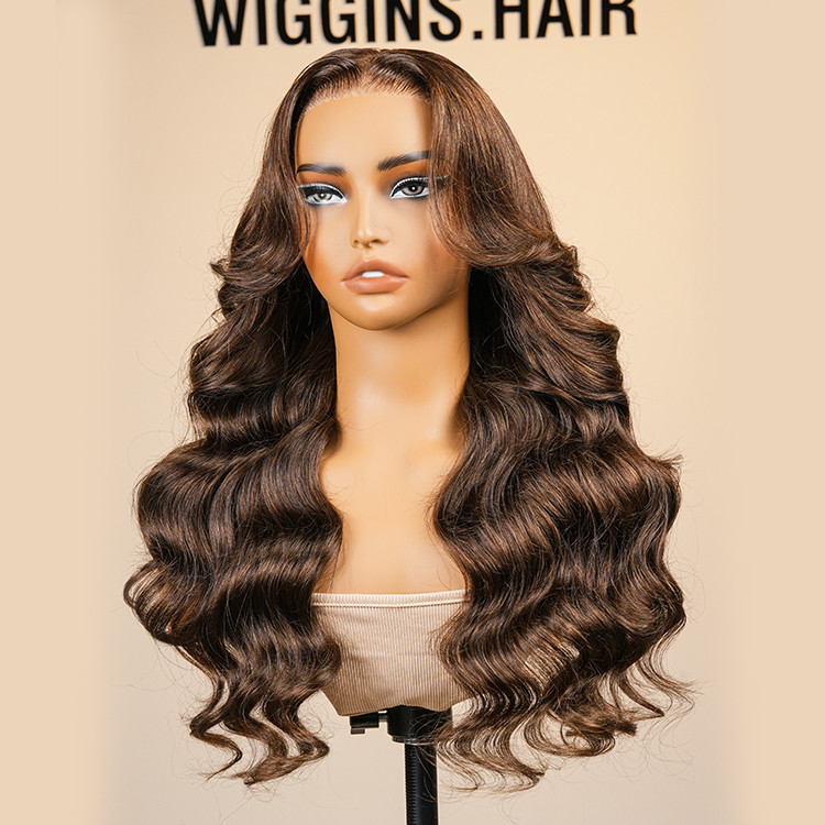 Dark Brown #4 Wig With Curtain Bangs Body Wave Glueless Pre-Cut 7x5 Wig ...