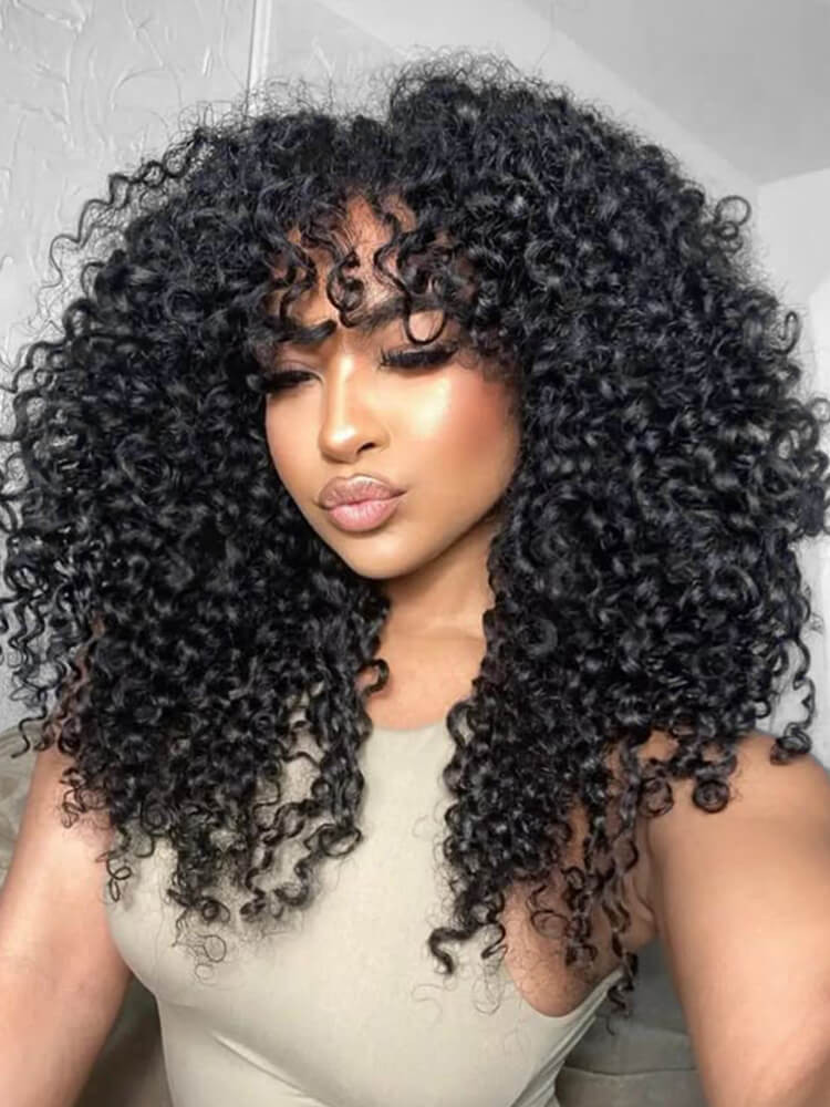 Glueless Curly Wigs With Bangs 100% Human Hair With 6x8 Lace Closure ...