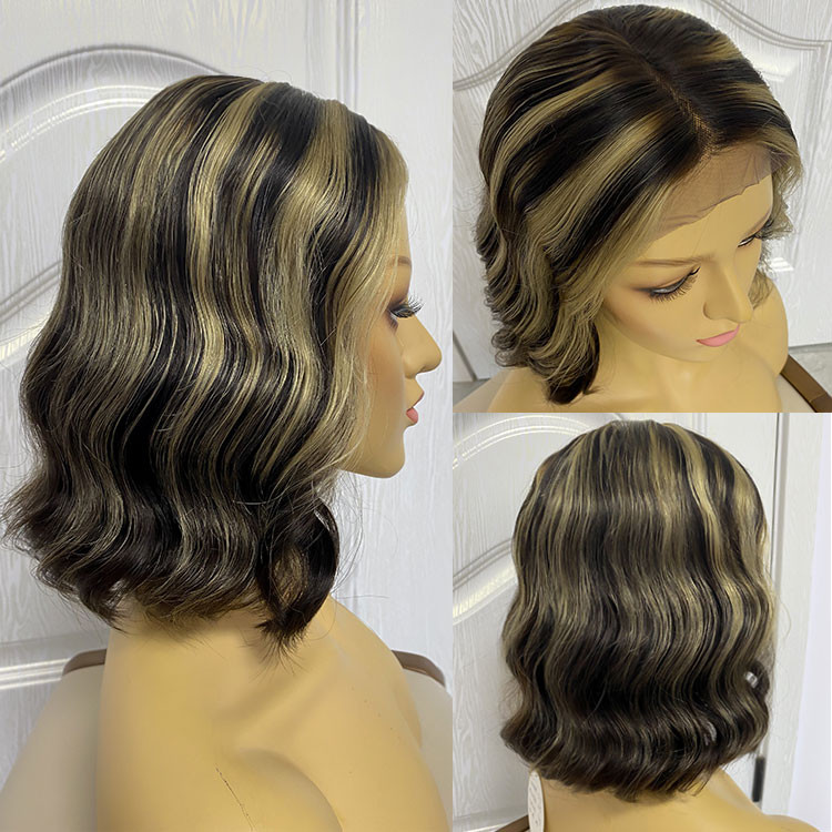 Big Wave Highlight Bob Wigs Short Black Wigs With Blonde Highlights ...