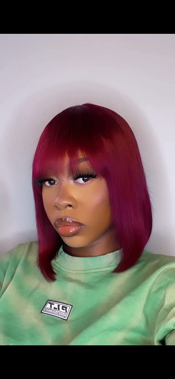 12 Inch Straight 99J Bob Wigs With Bangs Affordable Wigs -Wigginshair